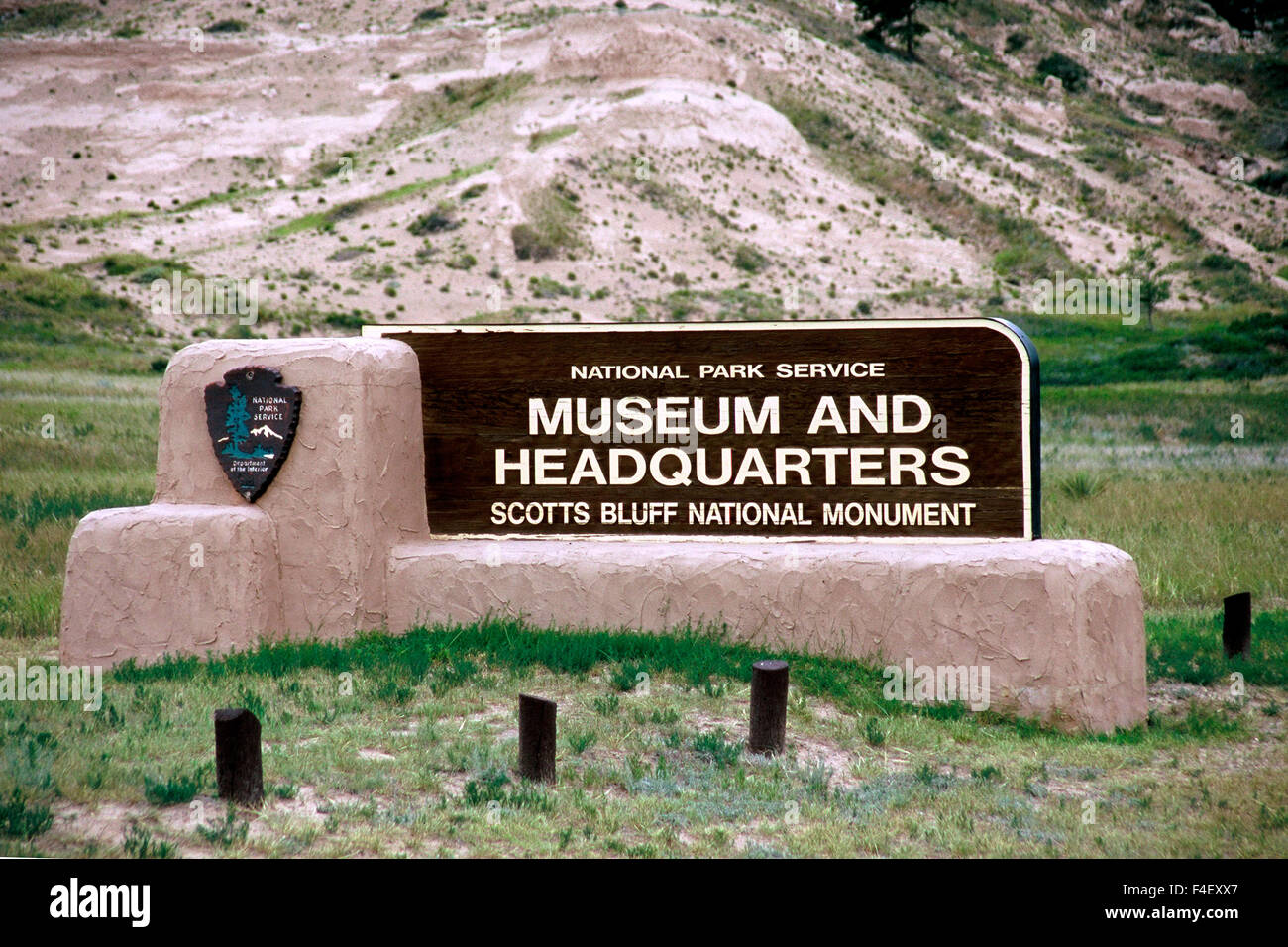 USA, Nebraska, Scottsbluff, Scotts Bluff National Monument Sign on the ...
