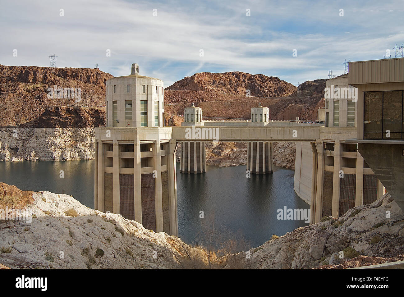 Hoover Dam intake towers on Lake Mead, near the Arizona, Nevada border ...