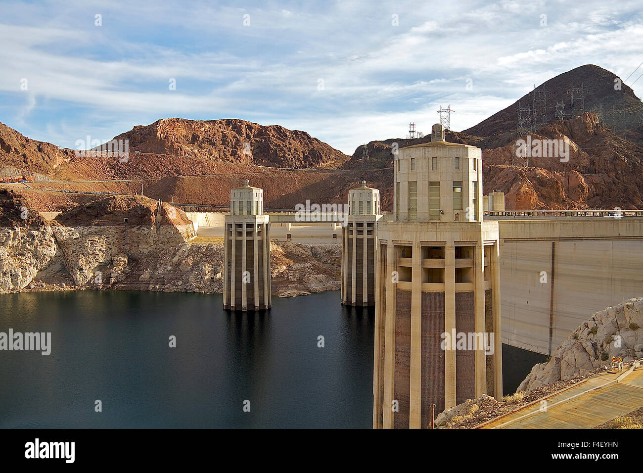 Hoover Dam intake towers on Lake Mead, near the Arizona, Nevada border ...