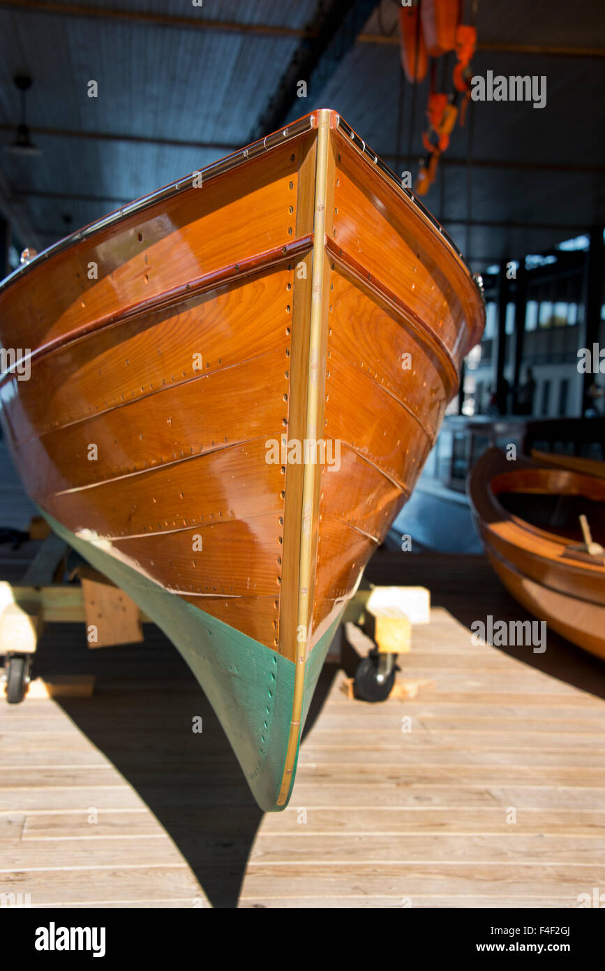 New York, Clayton. Antique Boat Museum. Bow of vintage wooden canoe. (Large format sizes ...
