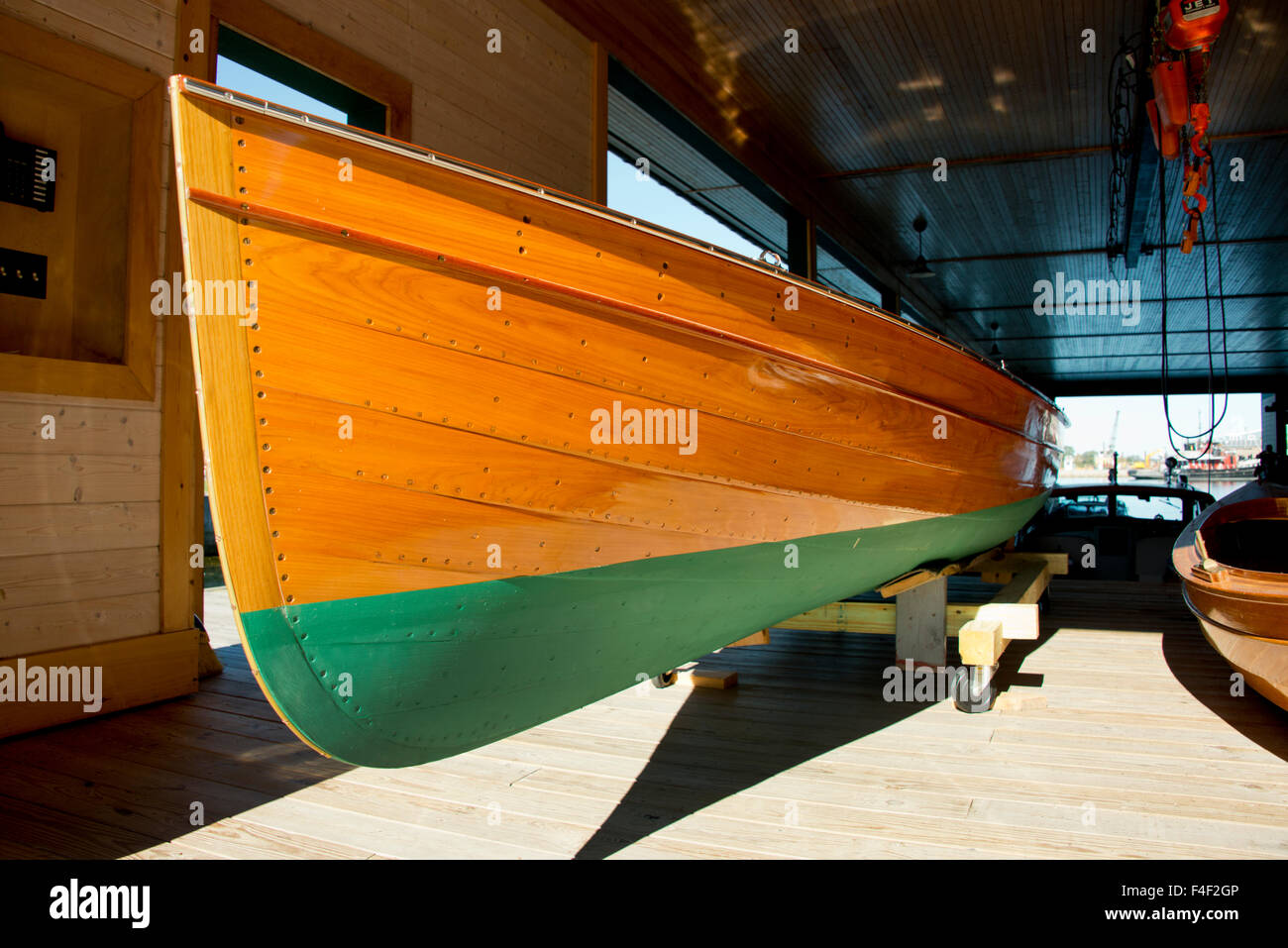 New York, Clayton. Antique Boat Museum. Bow of vintage wooden canoe. (Large format sizes ...