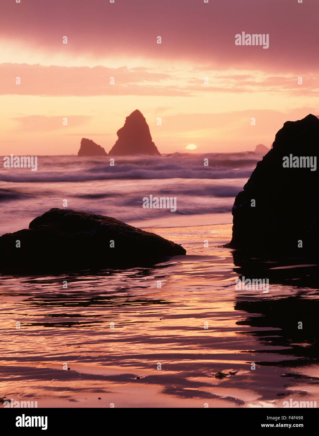 Oregon, Sunset over sea stacks at Meyers Creek Beach. (Large format ...