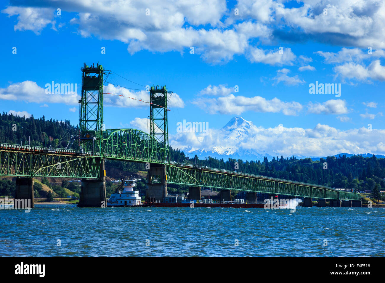 USA, Oregon, Hood River, the Bridge at Hood River, a barge transporting ...