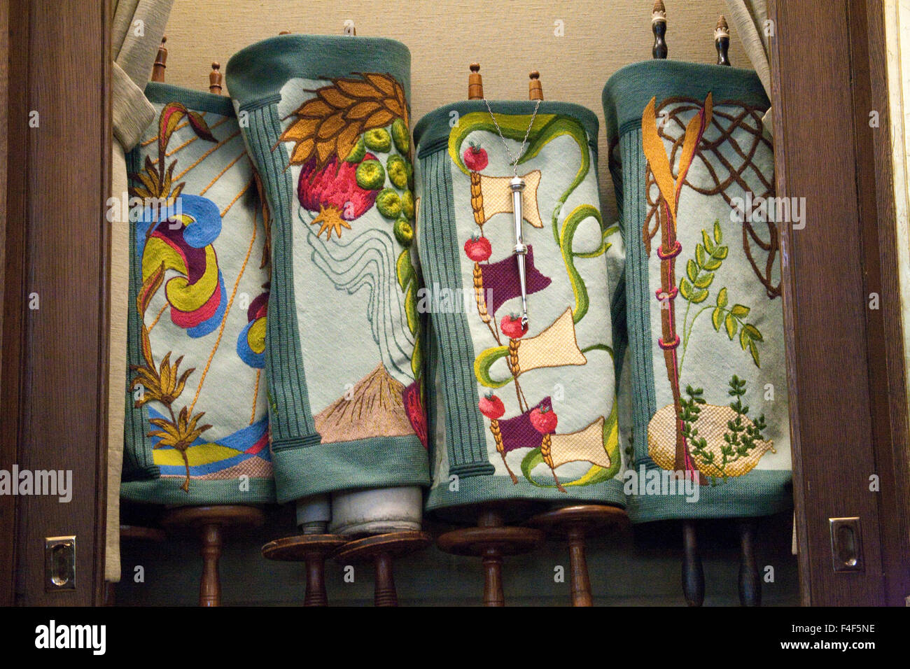 Torah scrolls in their decorative covers in the sanctuary of Rodef ...