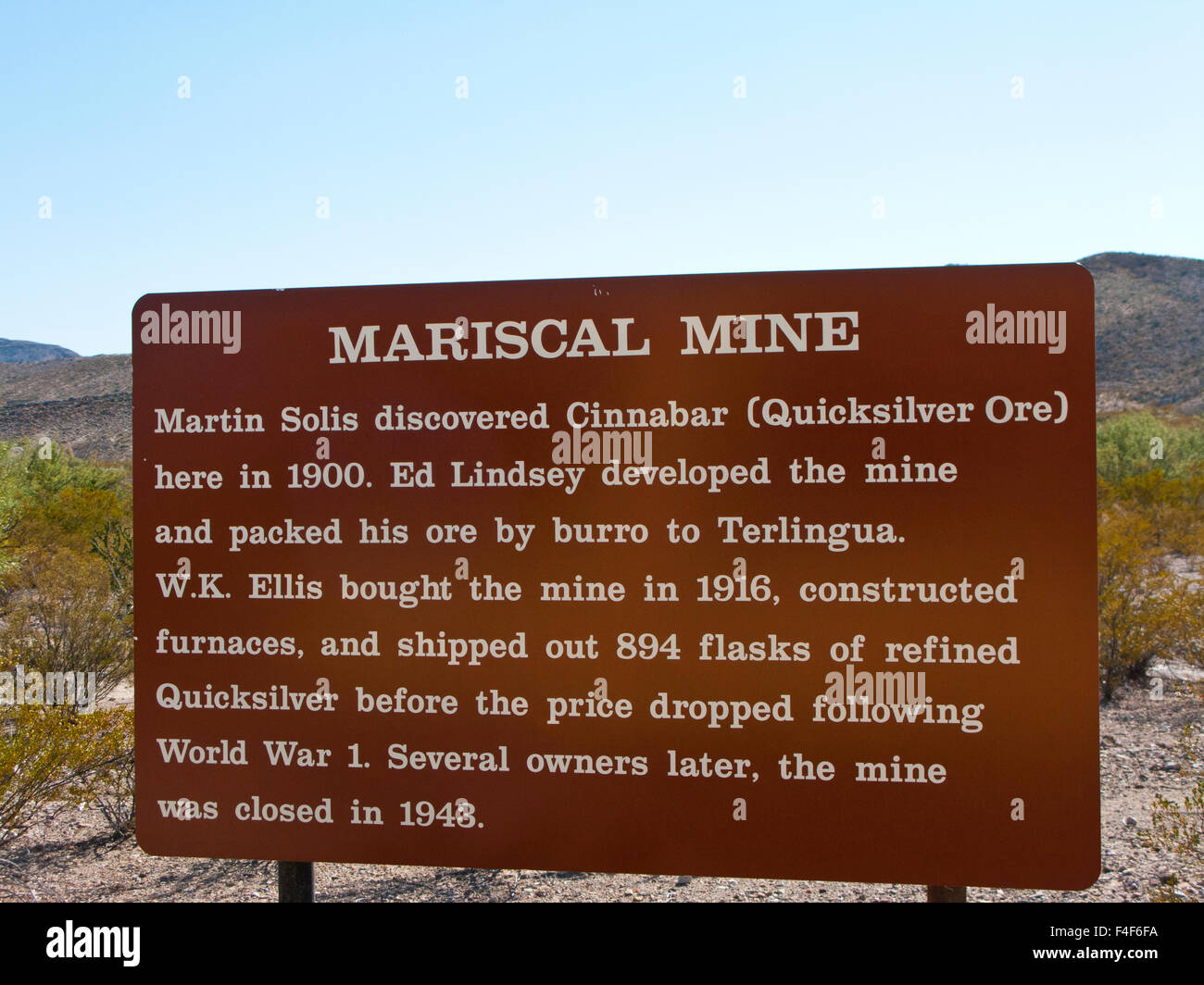 USA, Texas, Big Bend National Park, Mariscal Mine Informational Sign ...
