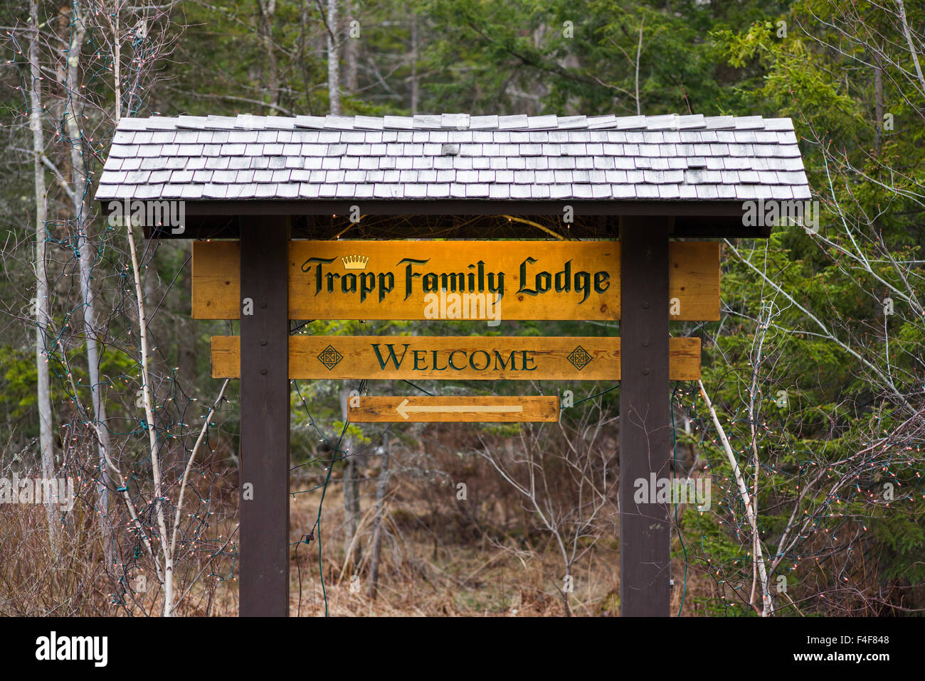 Vermont, Stowe, sign for the Trapp Family Lodge, hotel owned by the von ...