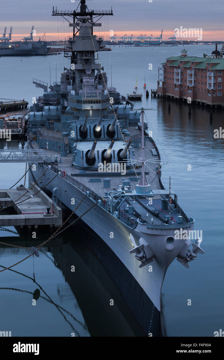 USA, Virginia, Norfolk, WW2-era battleship USS Wisconsin, elevated view ...