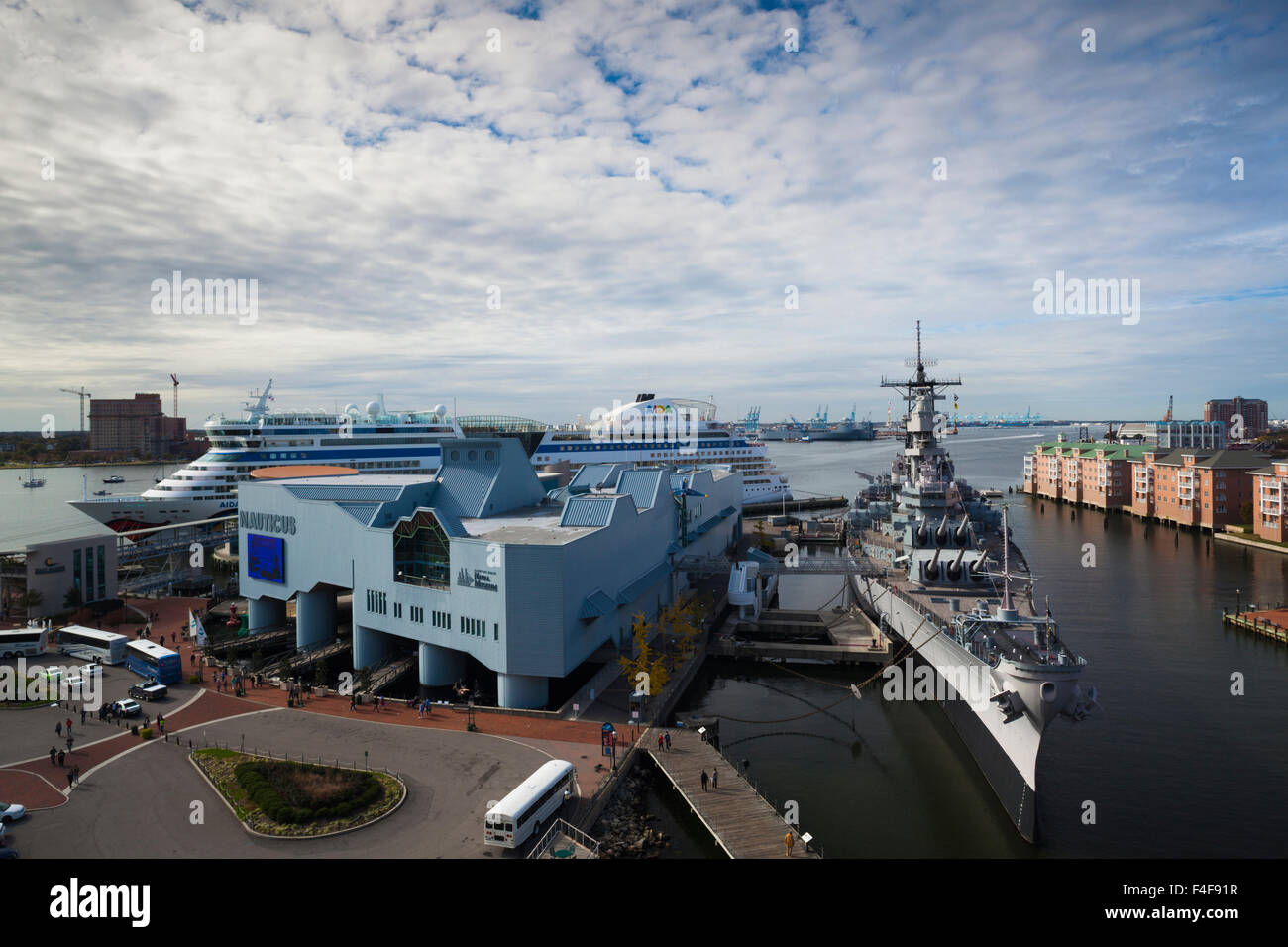 USA, Virginia, Norfolk, WW2-era battleship USS Wisconsin, elevated view ...