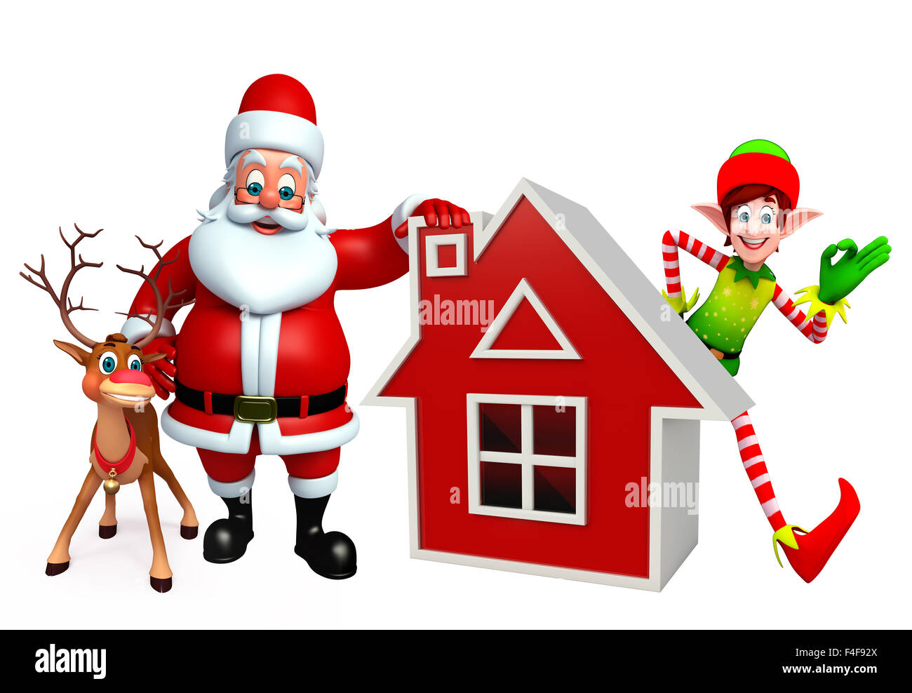 3d rendered illustration of santa claus and elves with reindeer Stock ...