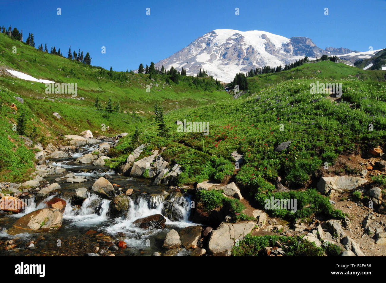 Mount Rainier, waterfall, snow-covered, from Paradise, Mount Rainier ...