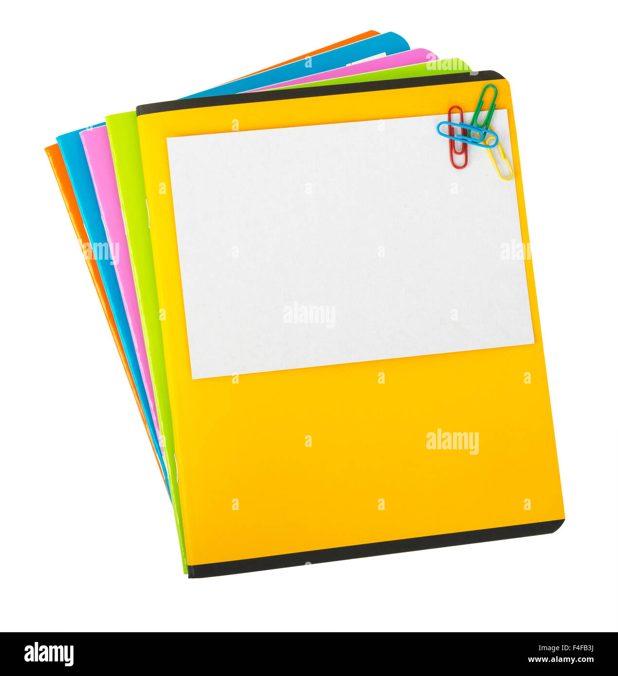 Colorful copybooks with empty card Stock Photo - Alamy