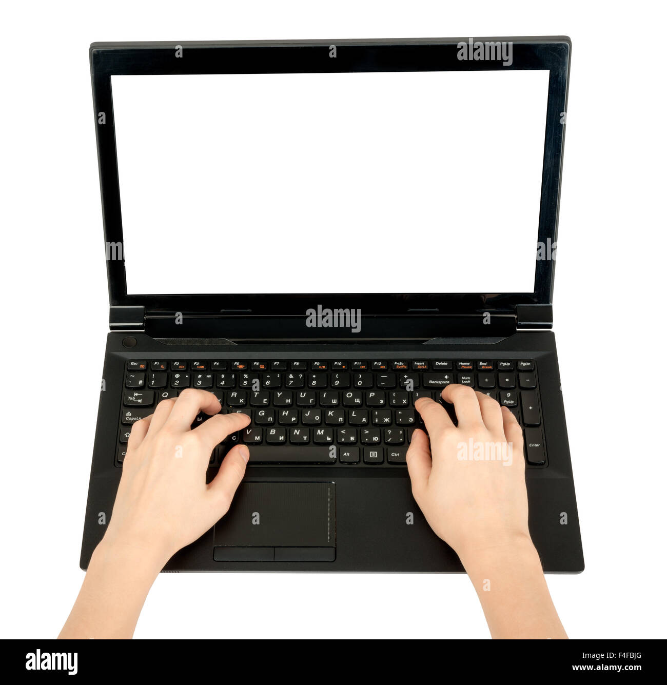 Humans hand working on laptop, top view Stock Photo - Alamy