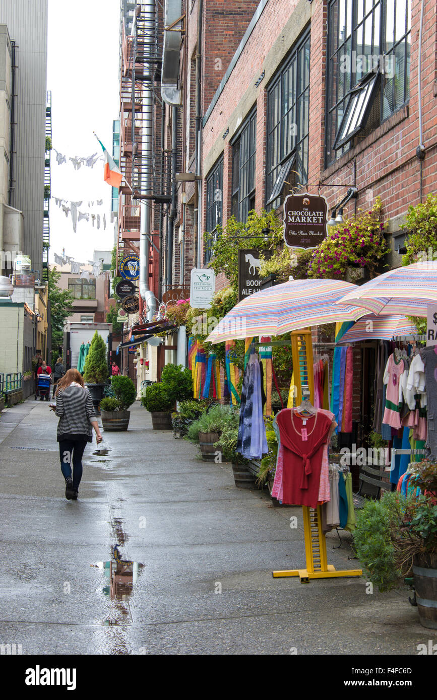 USA, Washington State, Seattle. Colorful Post Alley even in light rain ...