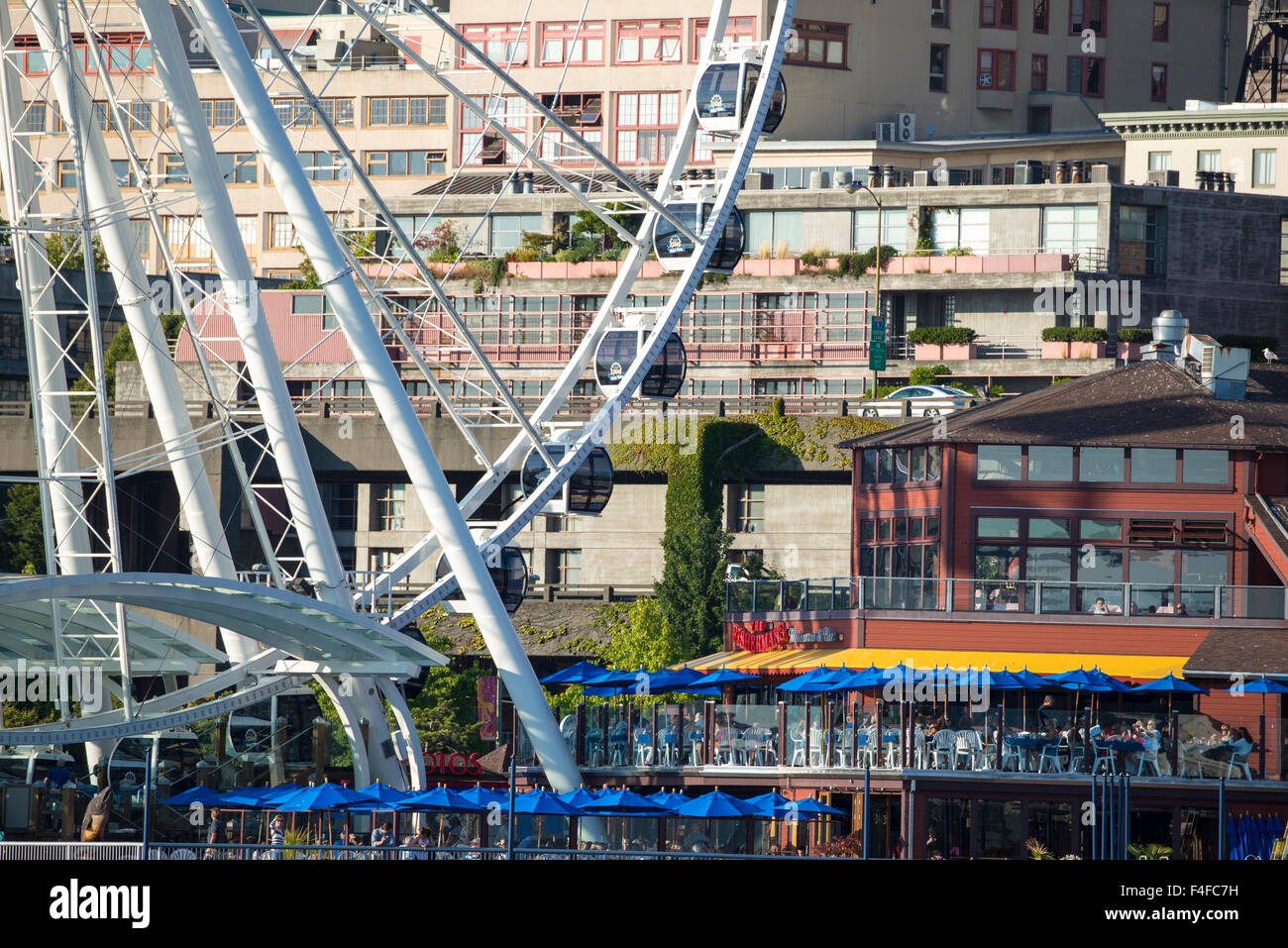 USA, Washington State, Seattle. Waterfront condos, Ferris wheel ...