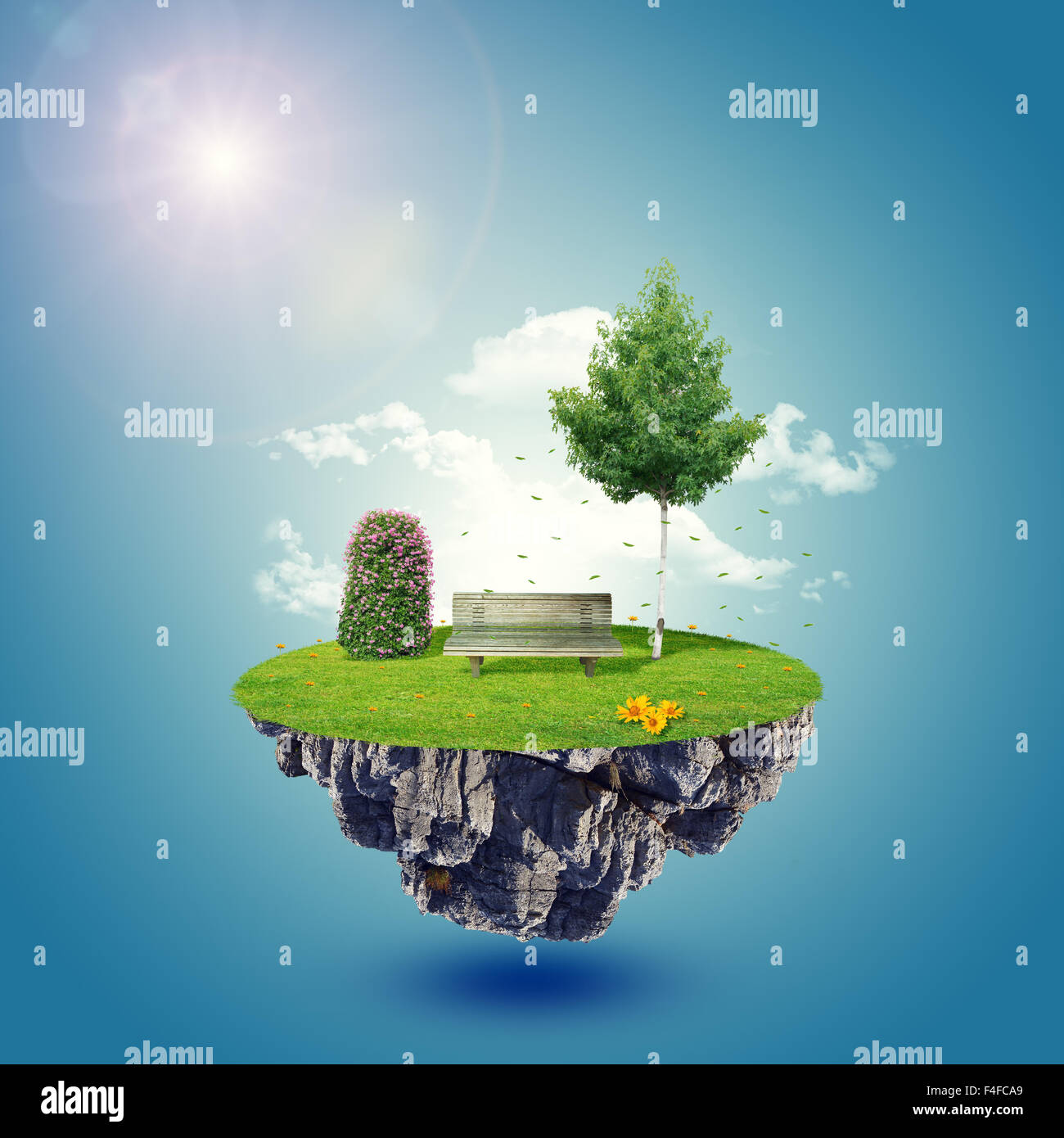 Green island with tree and flowers Stock Photo - Alamy