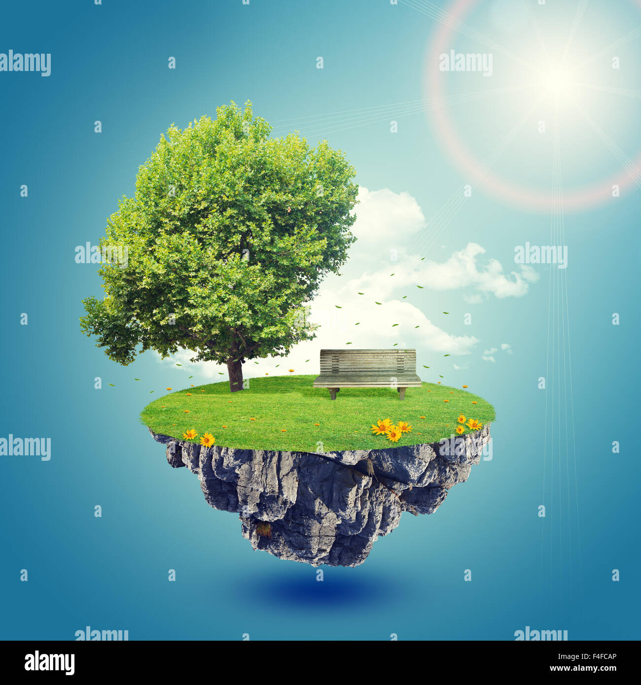 Green island with tree and sun Stock Photo - Alamy