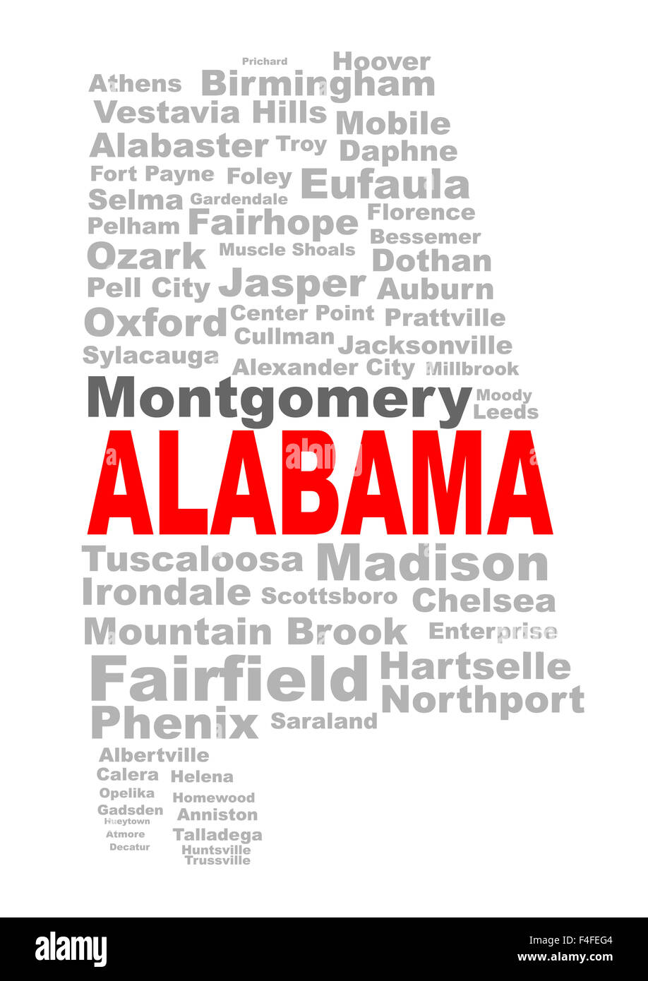 State silhouette shape with the text ALABAMA and the names of the major ...