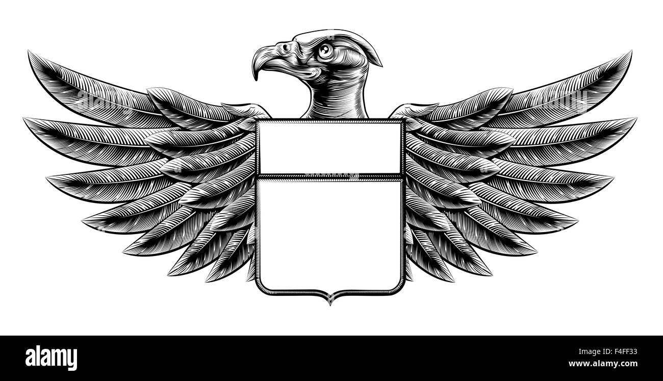 Vintage woodcut or woodblock style winged shield eagle insignia banner ...