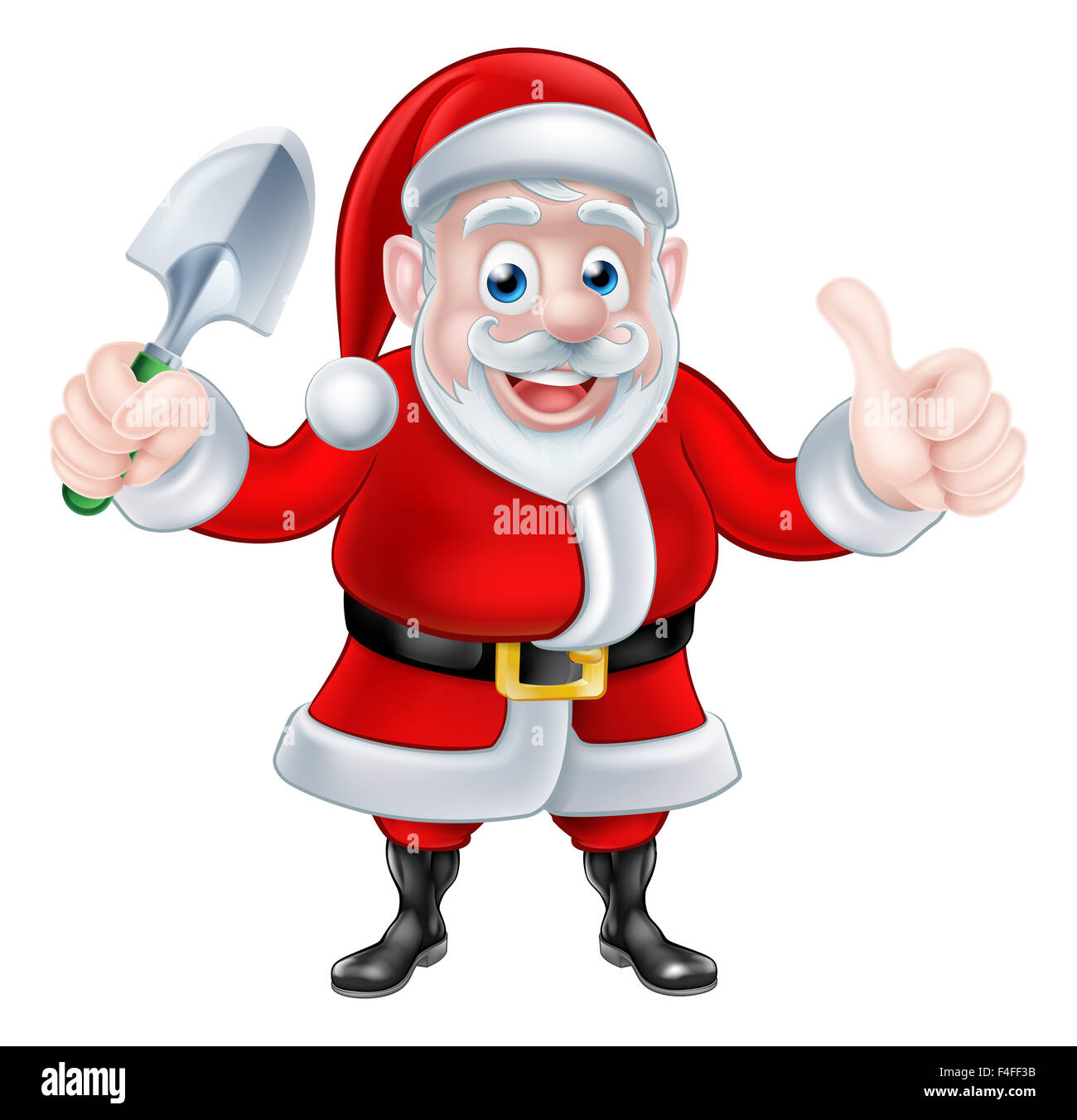 Christmas cartoon Santa Claus holding gardening trowel spade and giving ...