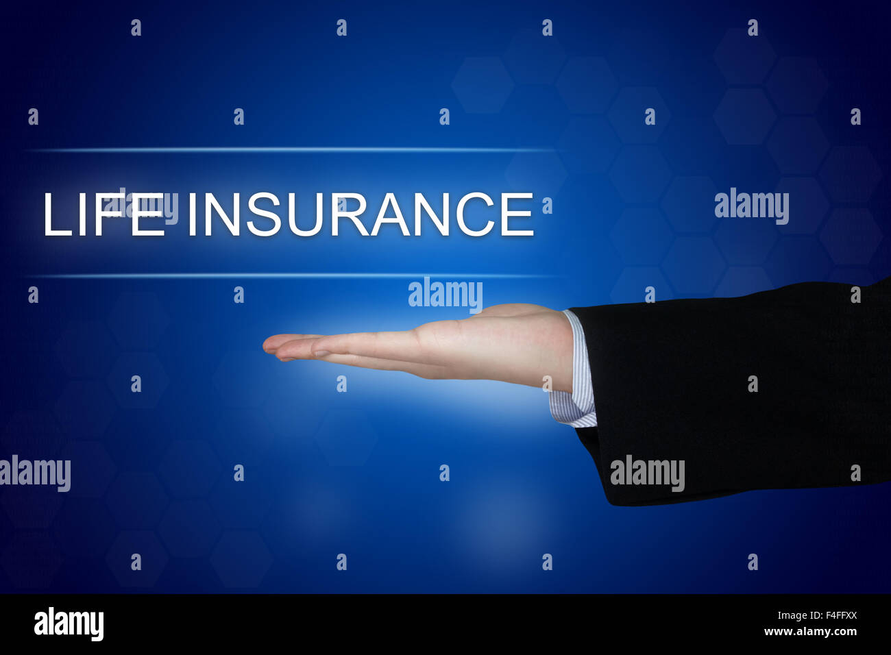 life insurance button with business hand on blue background Stock Photo ...