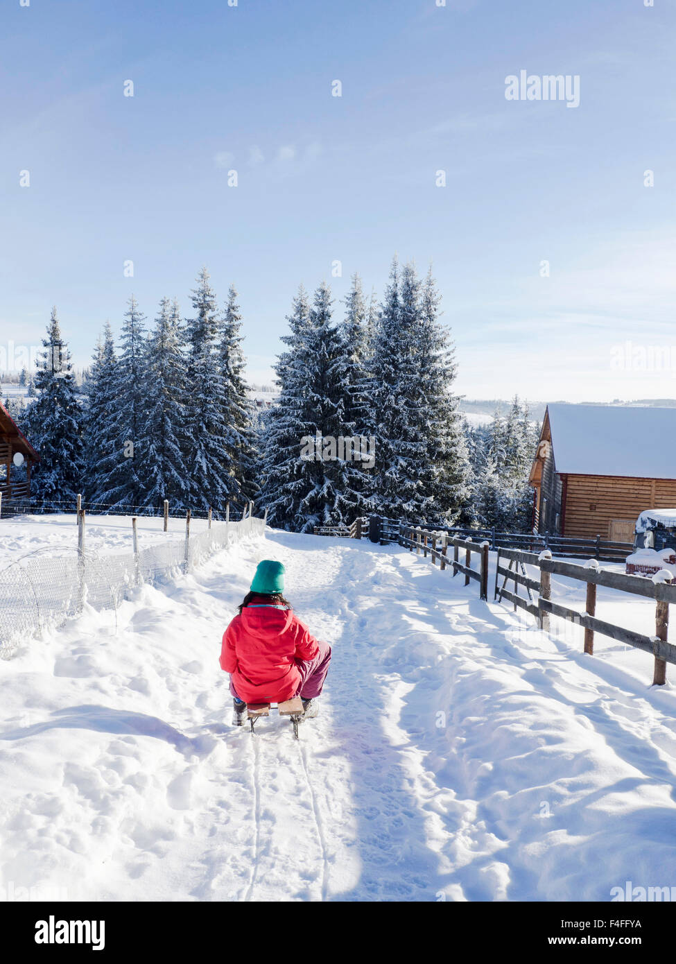 Girl on sledge Stock Photo - Alamy