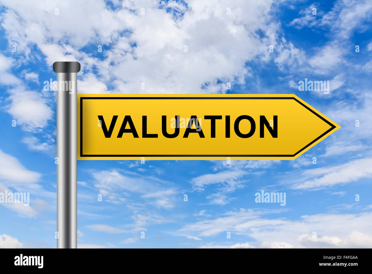 valuation words on yellow road sign on blue sky Stock Photo - Alamy