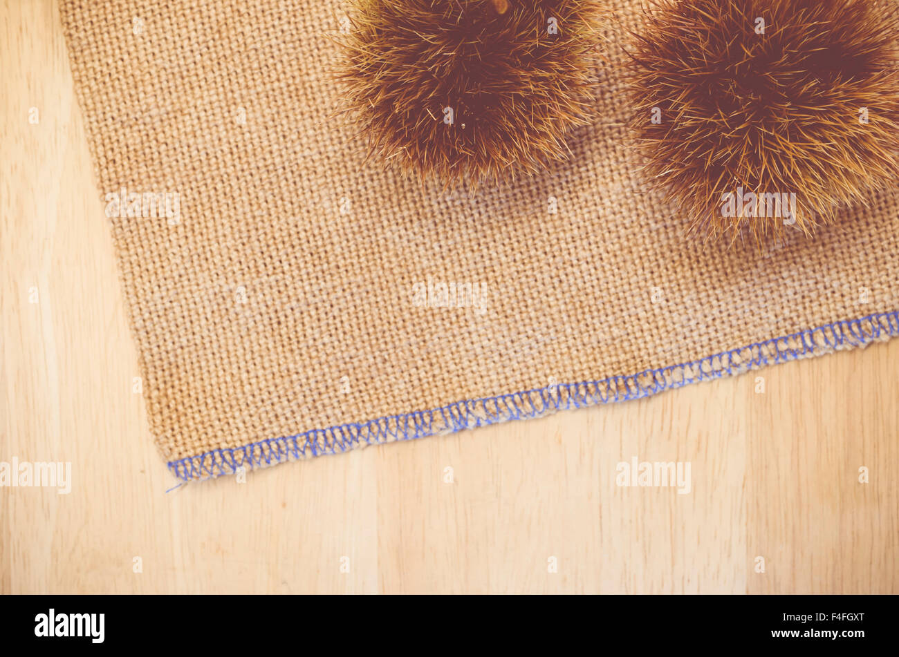 chestnut hulls on a natural wood and burlap background - retro style ...