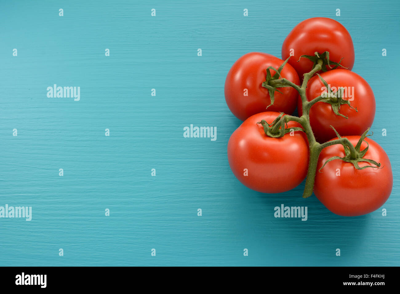 Five tomatoes on the vine on a blue background with copy space Stock ...