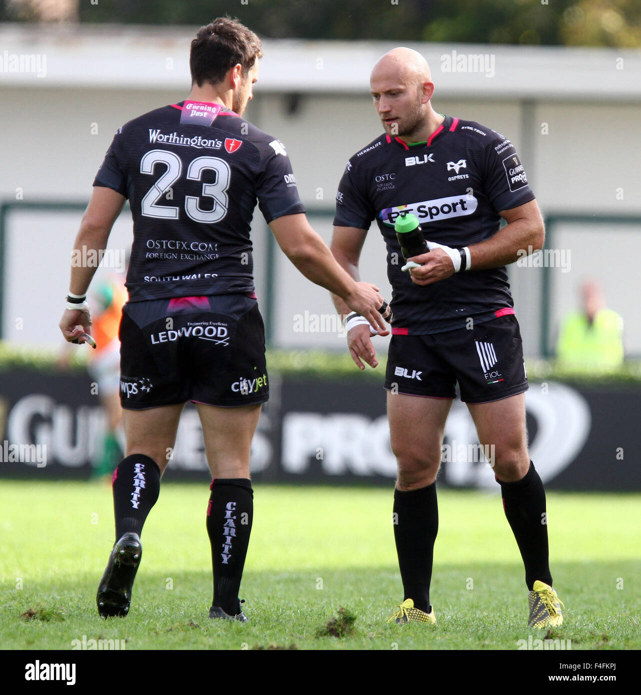 ITALY, Treviso: Ospreys's player Dan Evans (L) and Ospreys's player ...