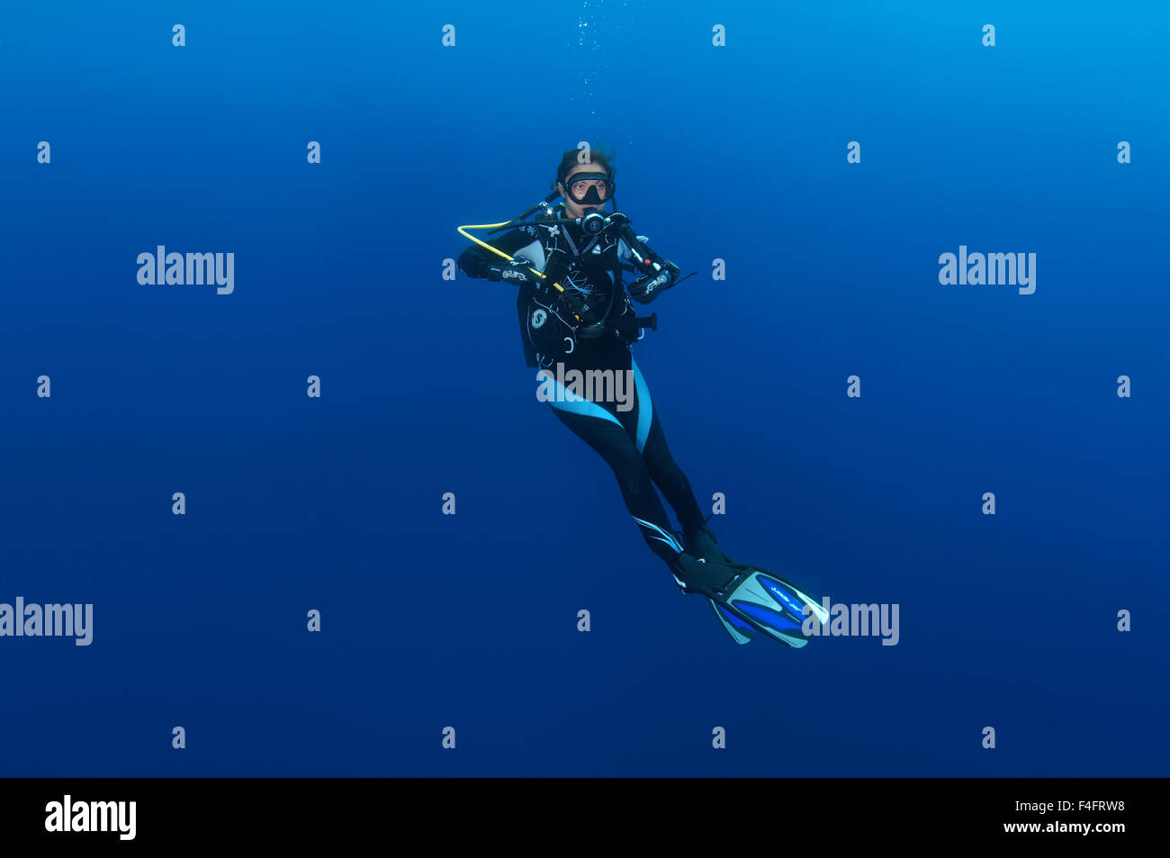 Young woman diver hanging in the blue water and adjusts equipment, the ...