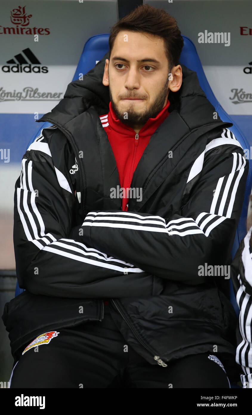 Hamburg, Germany. 17th Oct, 2015. Leverkusen's Hakan Calhanoglu sits on ...