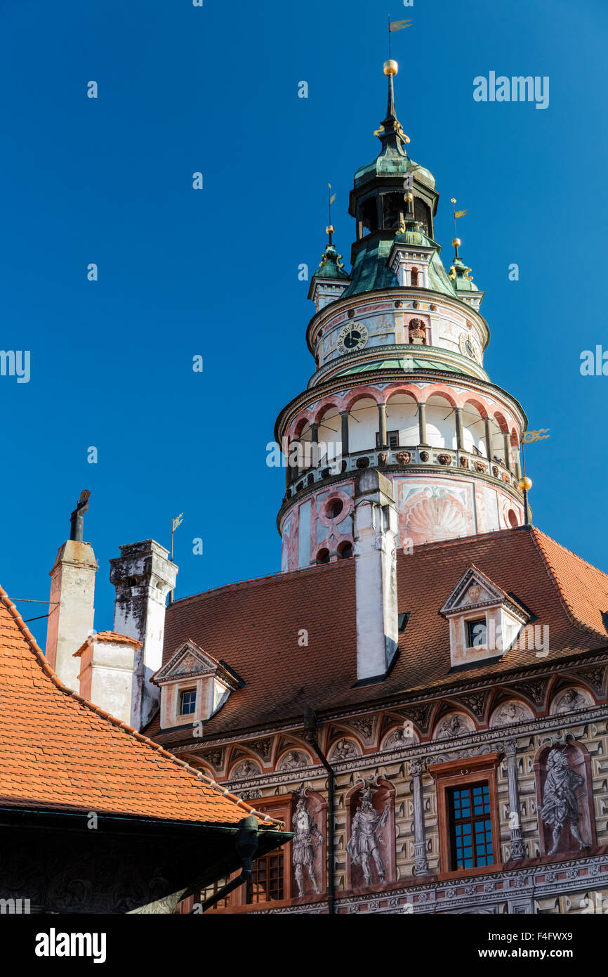 Castle tower and Renaissance stucco painted castle building, Cesky ...