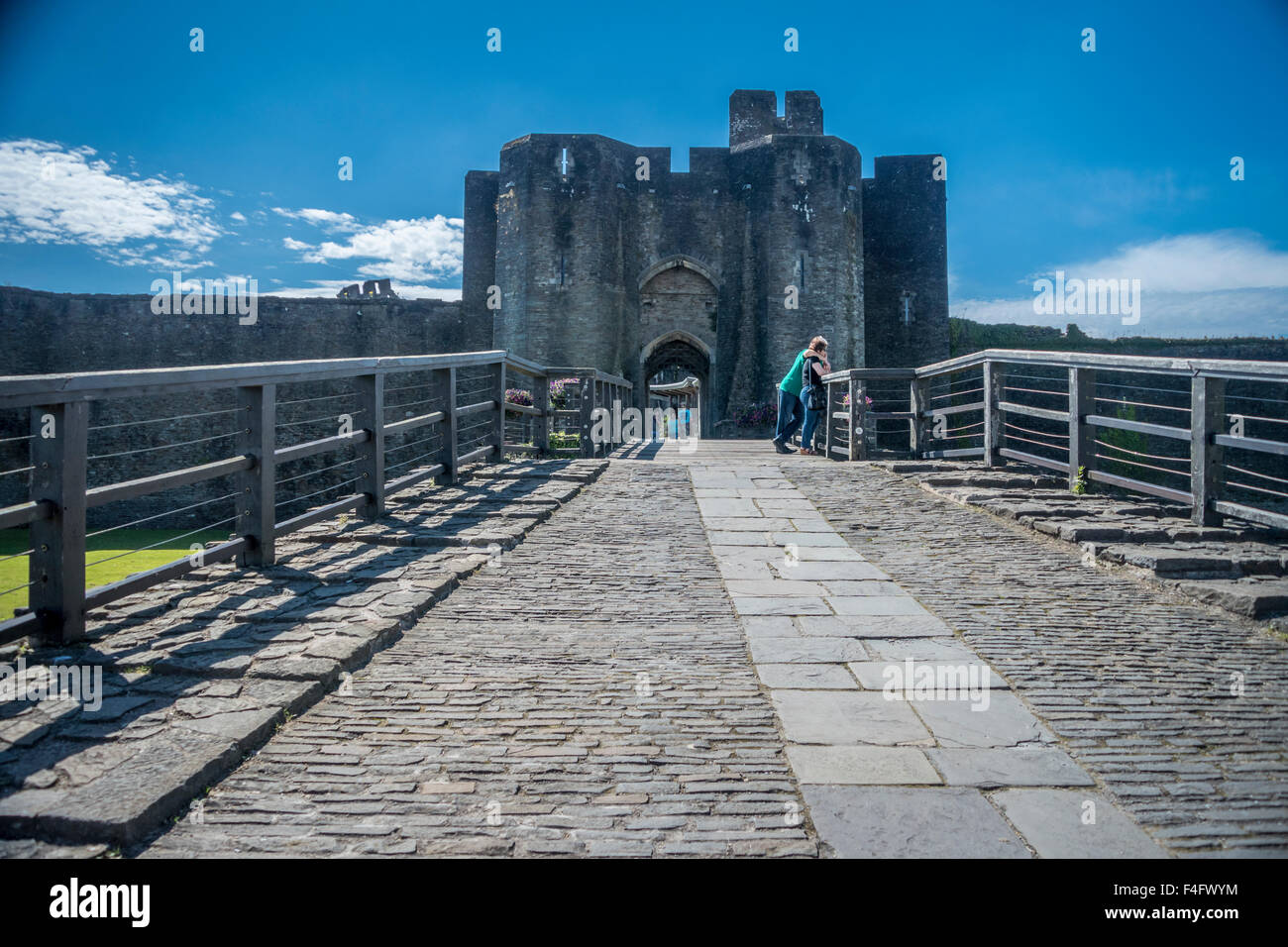 Entrance bridge to Caerphilly Castle, Wales Stock Photo - Alamy