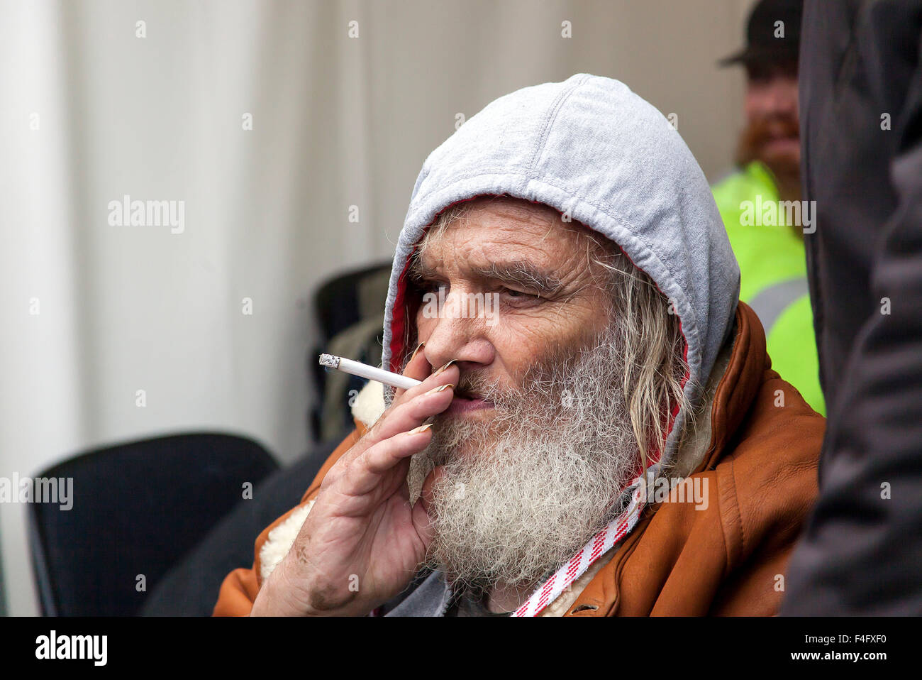 Copenhagen, Denmark, October 17th, 2015. Homeless man attending UN’s ...