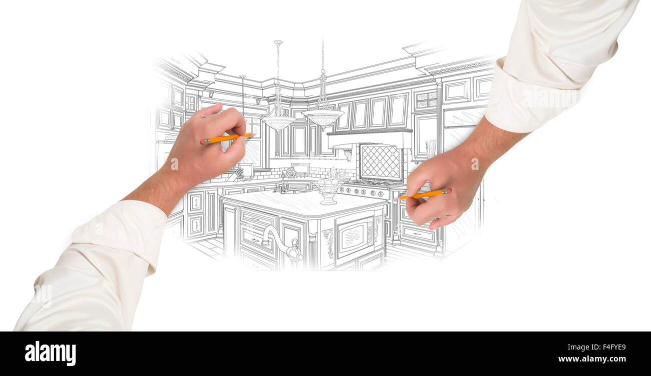 Two Male Hands Sketching with Pencil the Outline of a Beautiful Custom ...