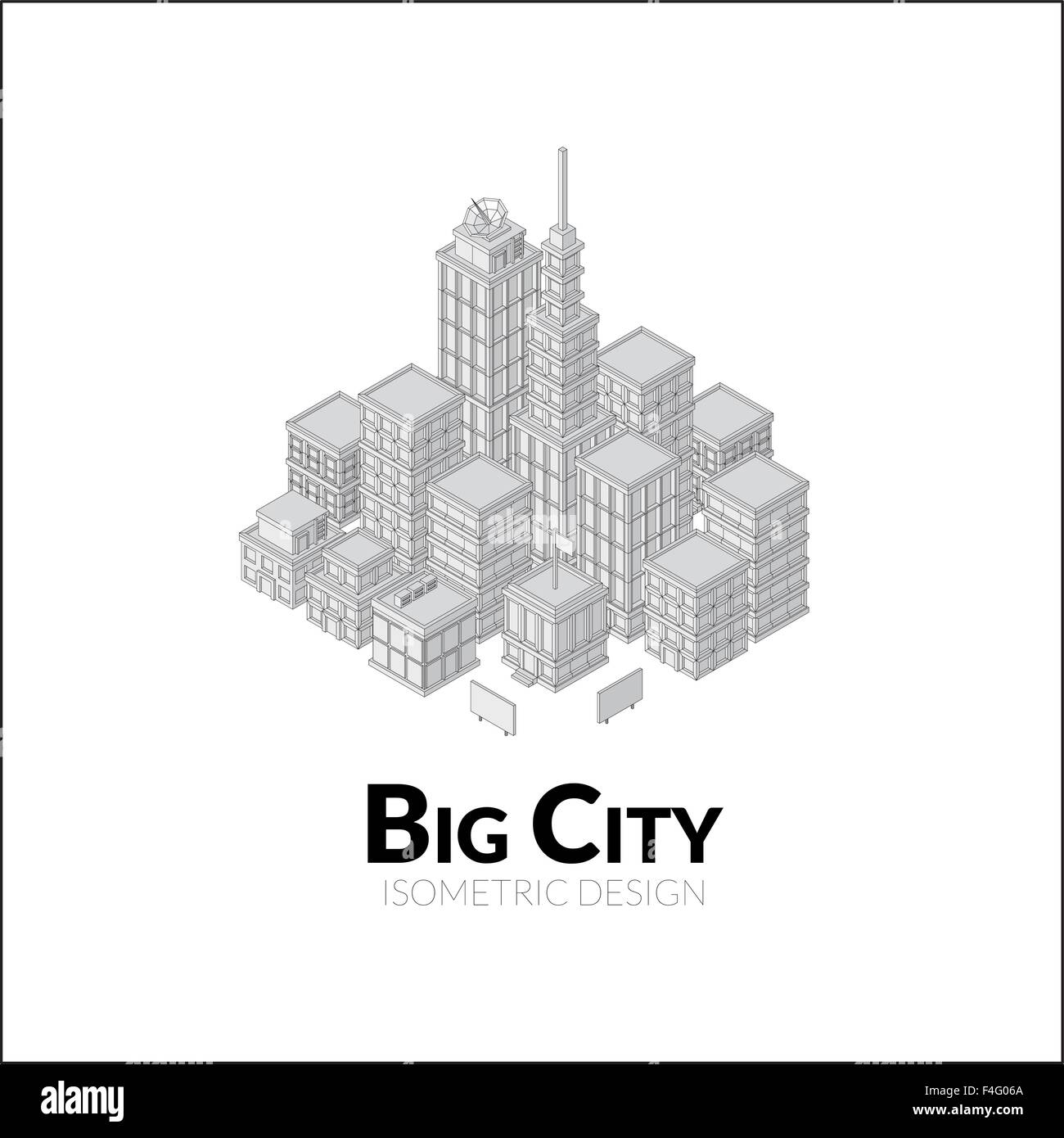 Aerial view of big city, outline design with shadows, isometric ...