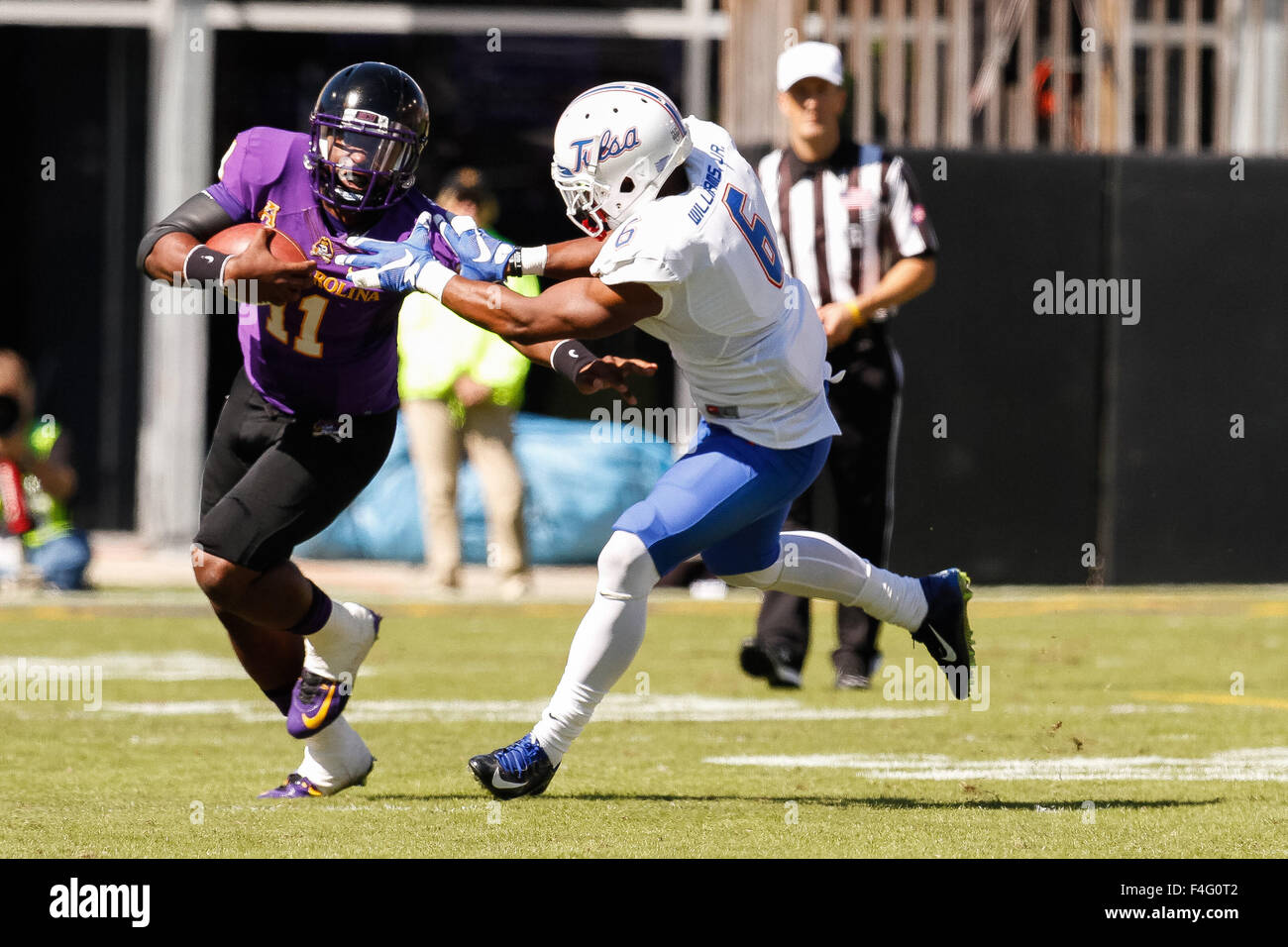 October 17, 2015:Quarterback James Summers (11) stiff arms Darrell ...