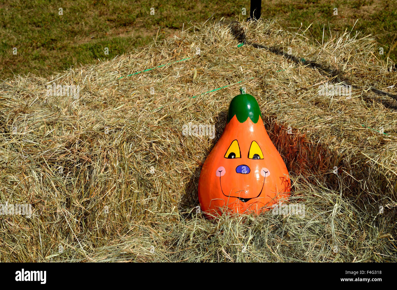 Smiling pumpkin gourd decoration set in hay bales Stock Photo - Alamy