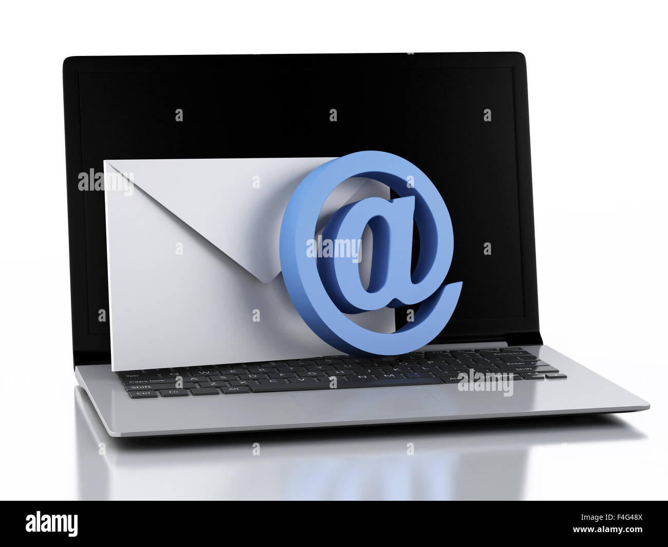 3d renderer image. Laptop with envelopes. E-mail concept. Isolated on ...