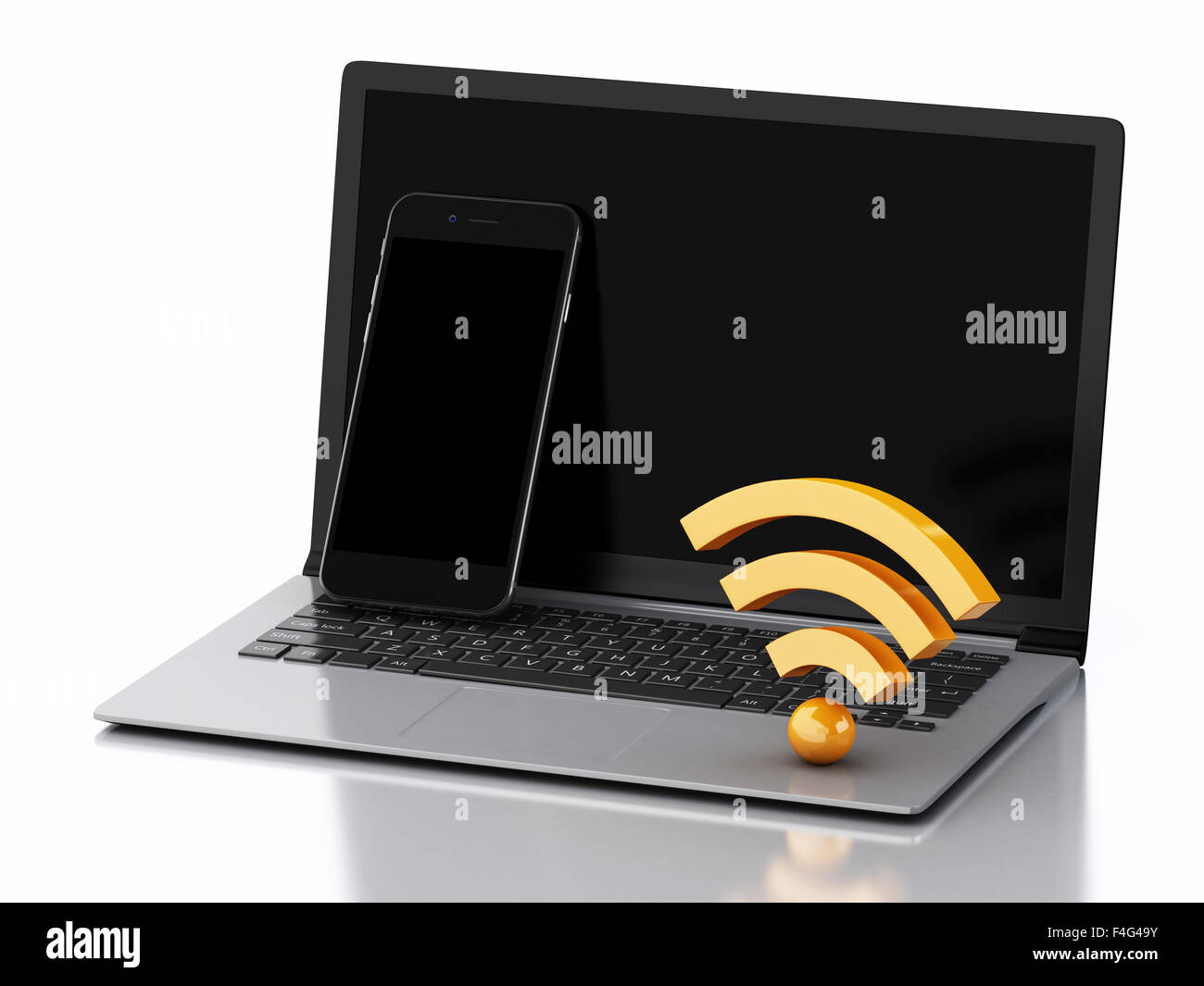 3d renderer image. Laptop pc and smartphone. Wifi network concept ...