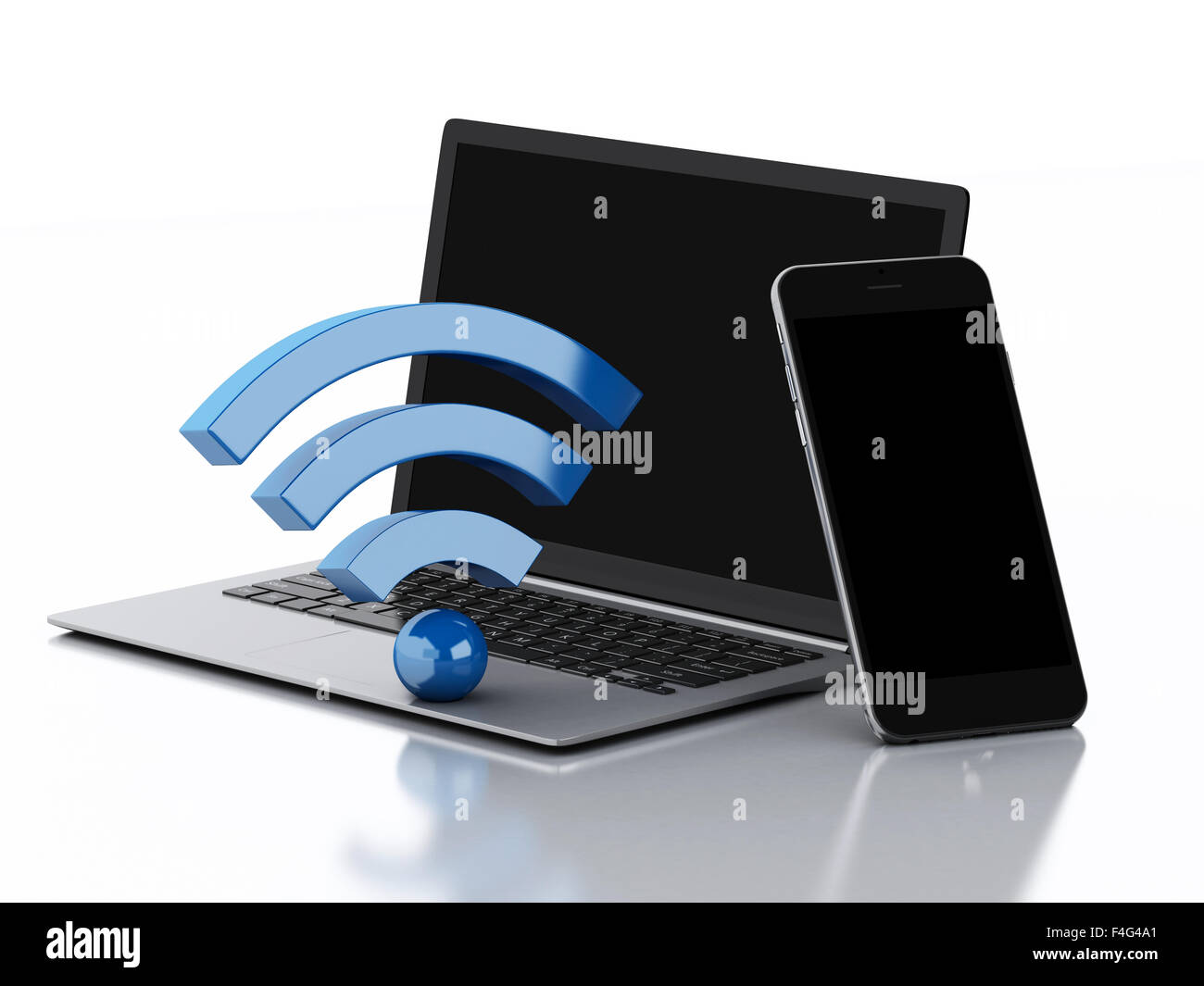 3d renderer image. Laptop pc and smartphone. Wifi network concept ...