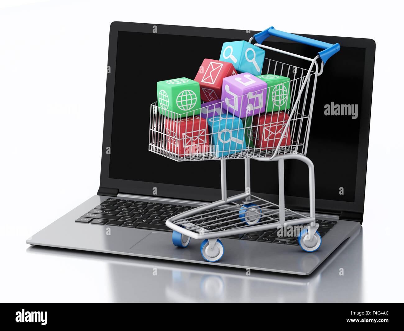 3d renderer image. Laptop pc with Apps icons in shopping cart. Store of ...