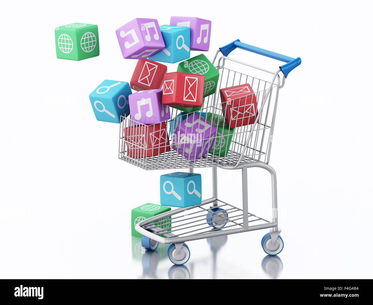 3d renderer image. Shopping cart with Apps icons. Software concept ...
