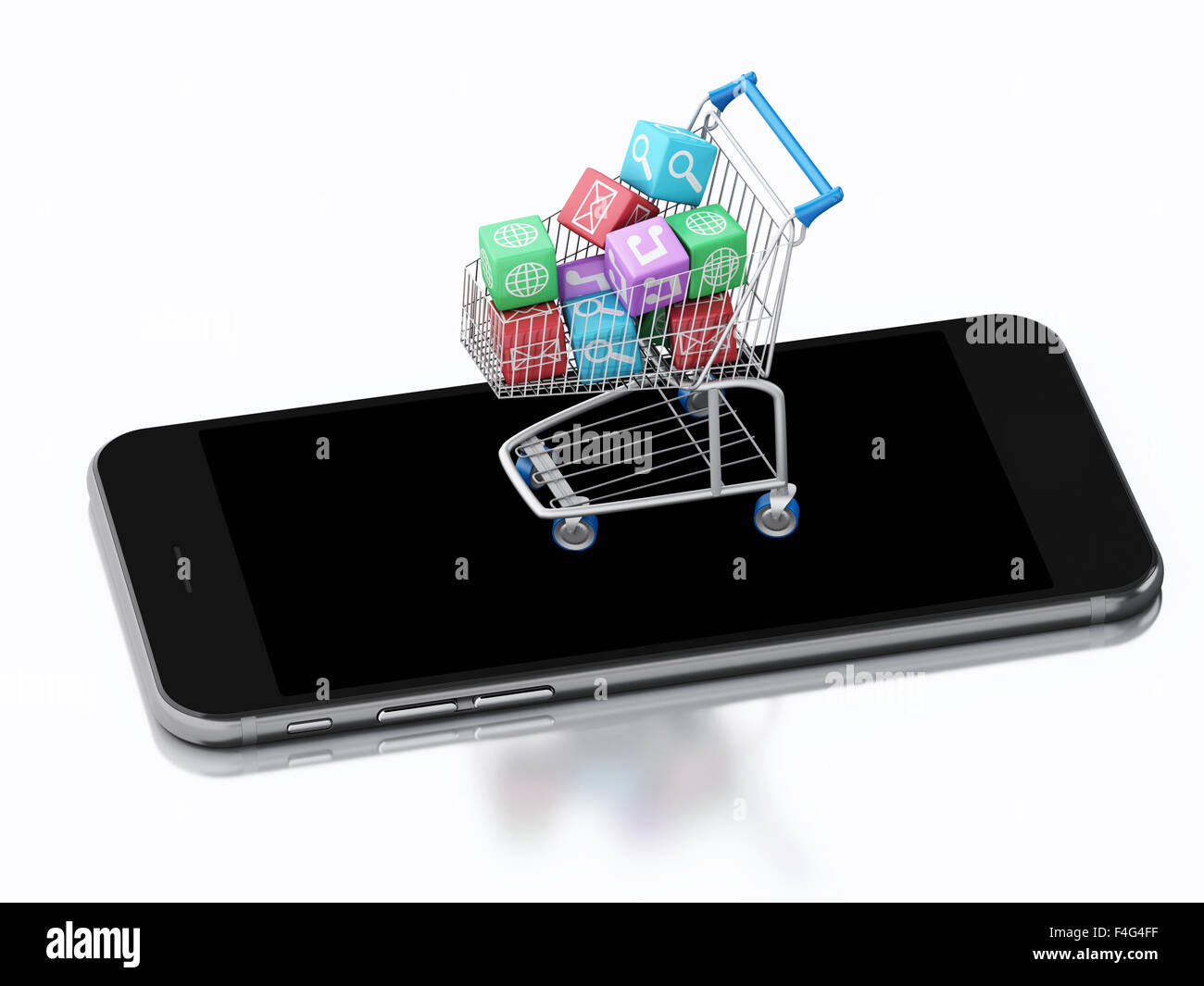 3d renderer image. Smartphone and Shopping cart with Apps icons ...