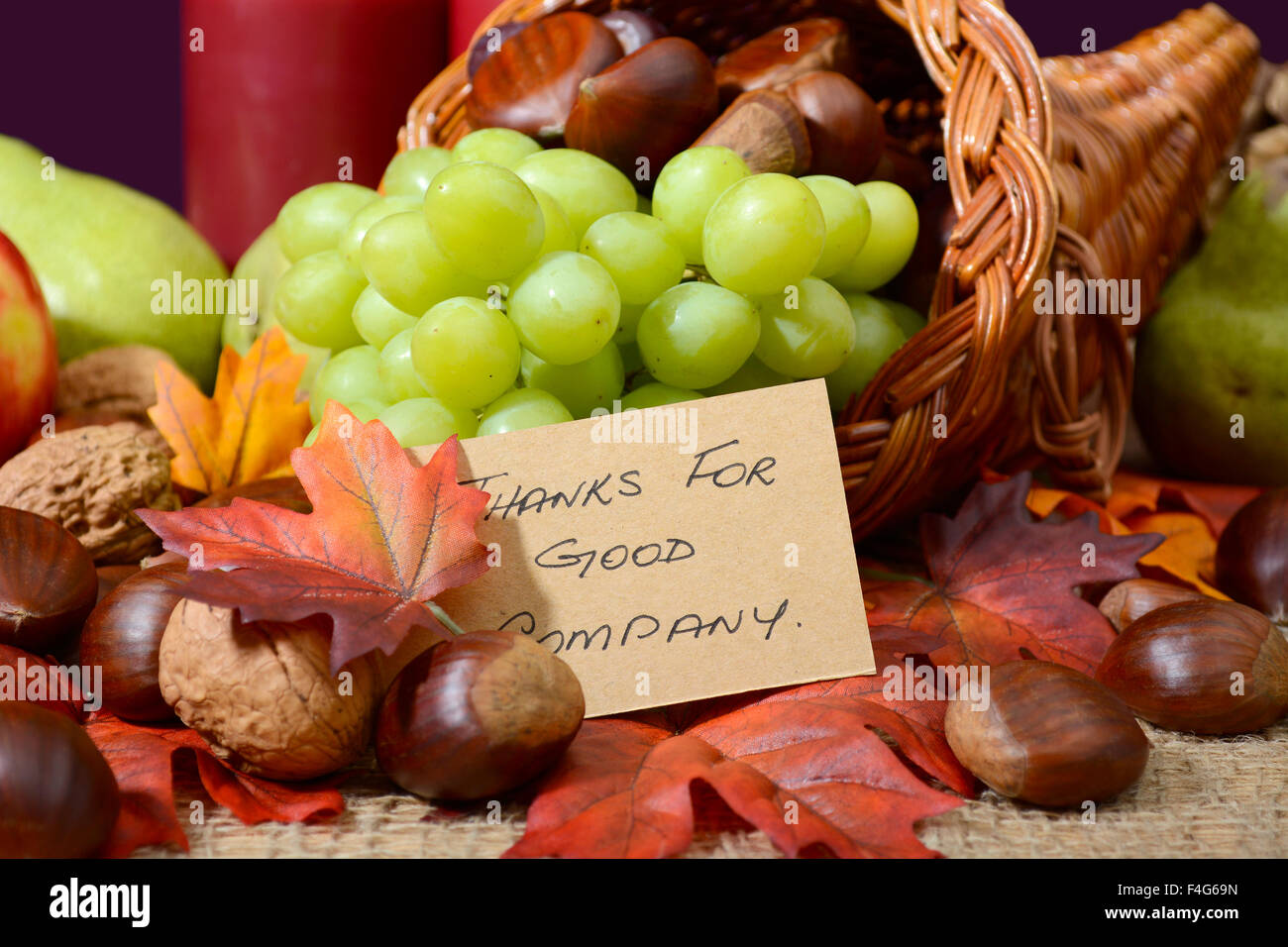 Country style rustic Thanksgiving table setting closeup on cornucopia ...