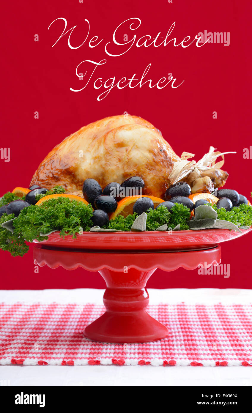 Red and white theme Thanksgiving Table setting with Roast Turkey ...