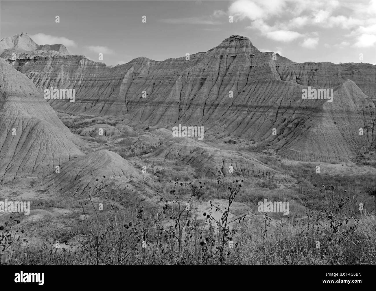Badlands landscape, formed by deposition and erosion by wind and water ...