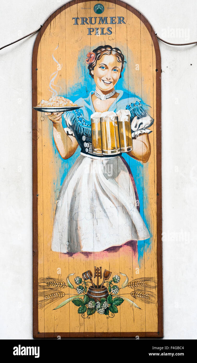 Old-fashioned beer advertising outside a tavern in Vienna, Austria ...