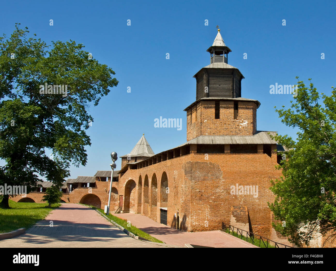 Clock tower of middle ages fortress Kremlin in town Nizhniy Novgorod ...