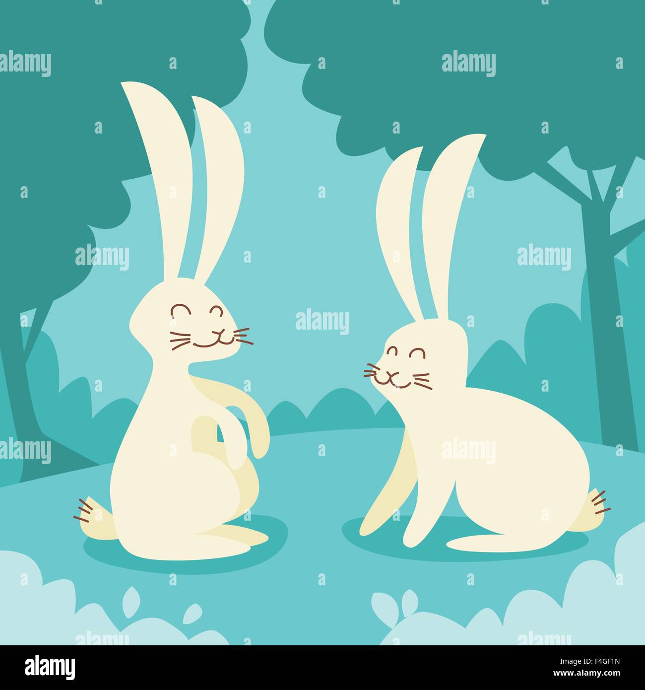 Two White Rabbit Sitting on Grass Retro Forest Stock Vector Image & Art ...